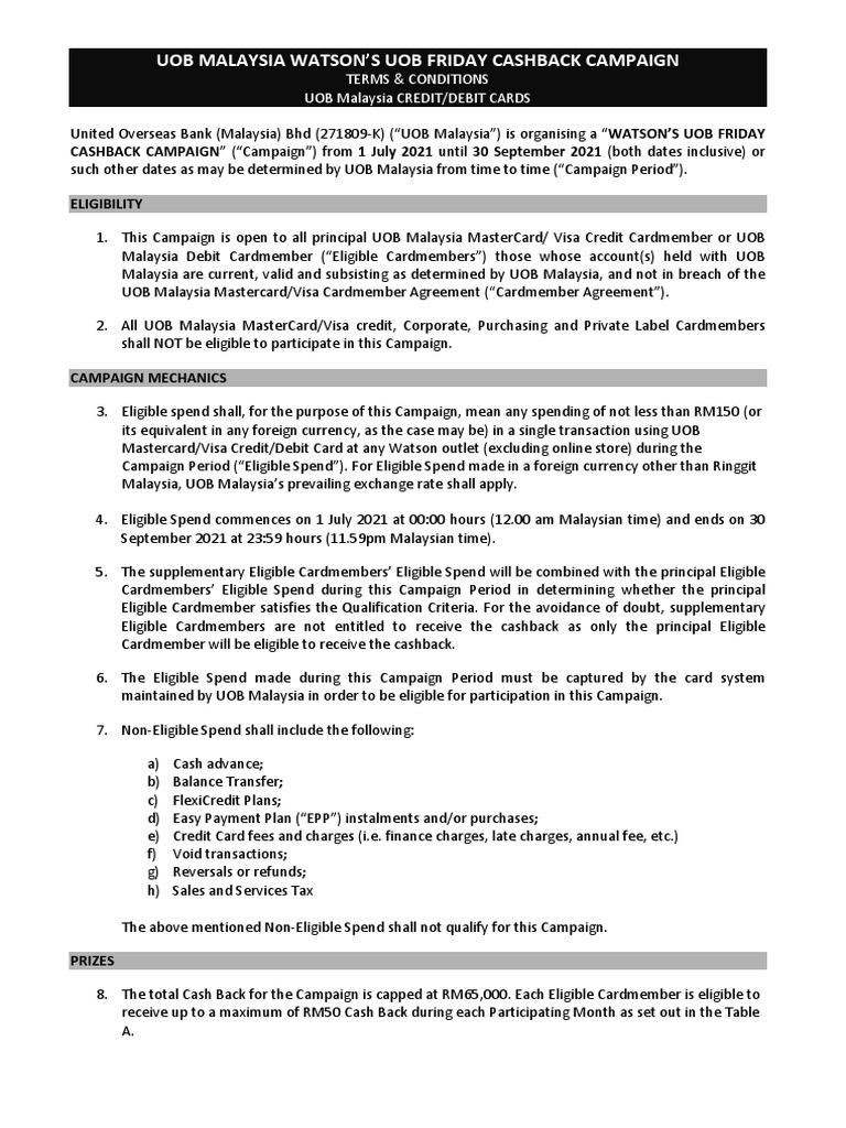 Uob Malaysia Watson'S Uob Friday Cashback Campaign | Download Free PDF ...