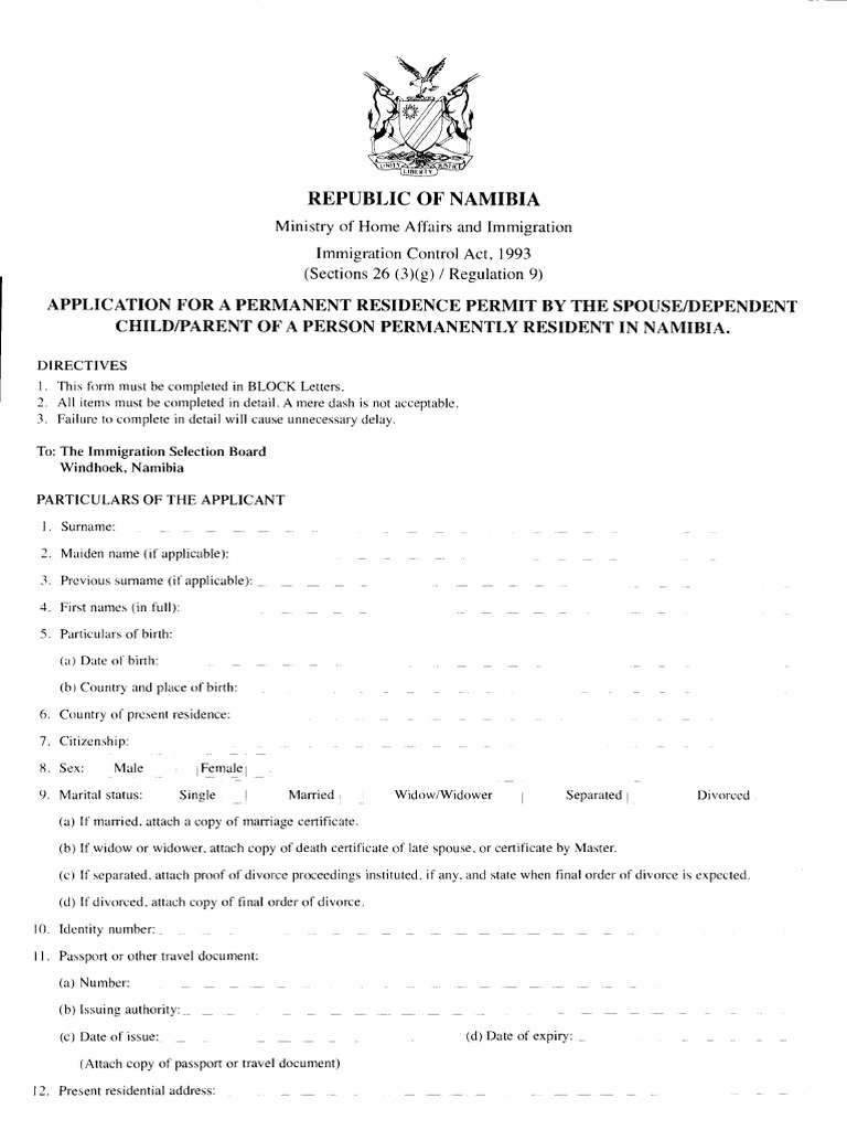 Permanent Residence Permit Application Form NAMIBIA | PDF | Marriage ...