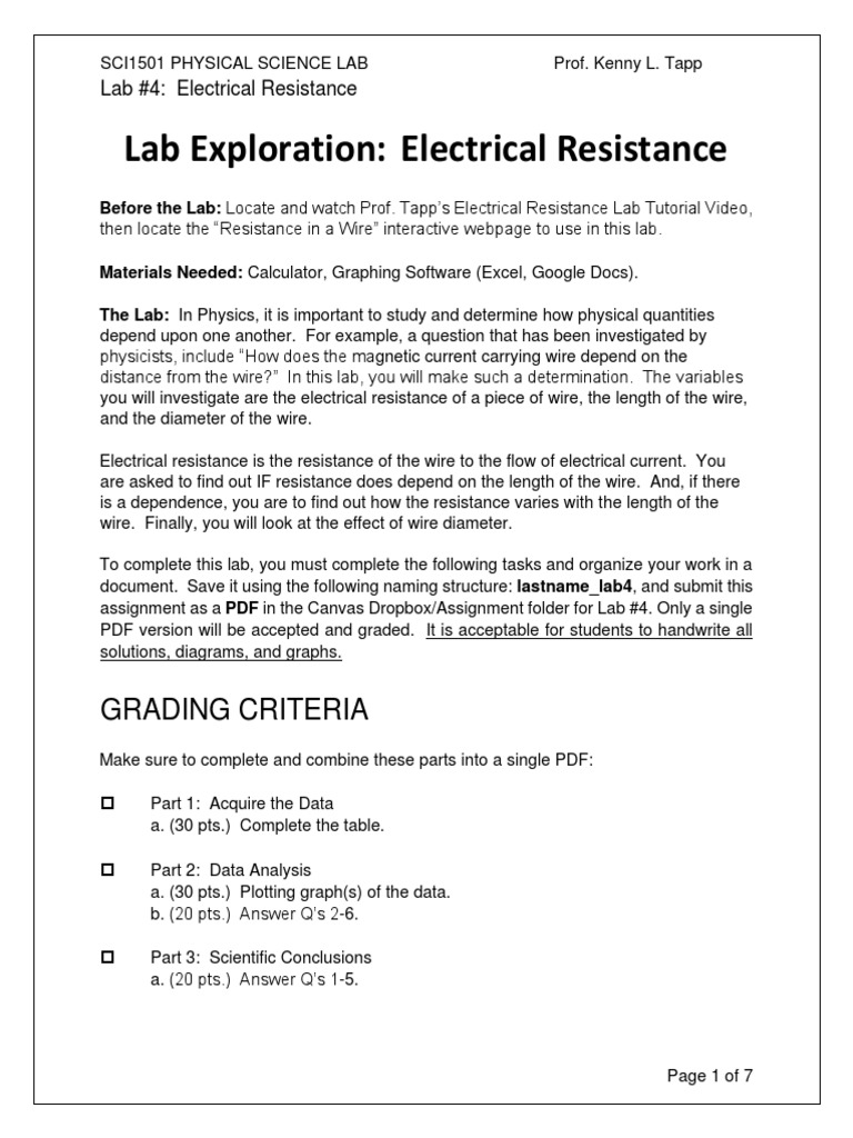 Lab Exploration Electrical Resistance Grading Criteria Pdf