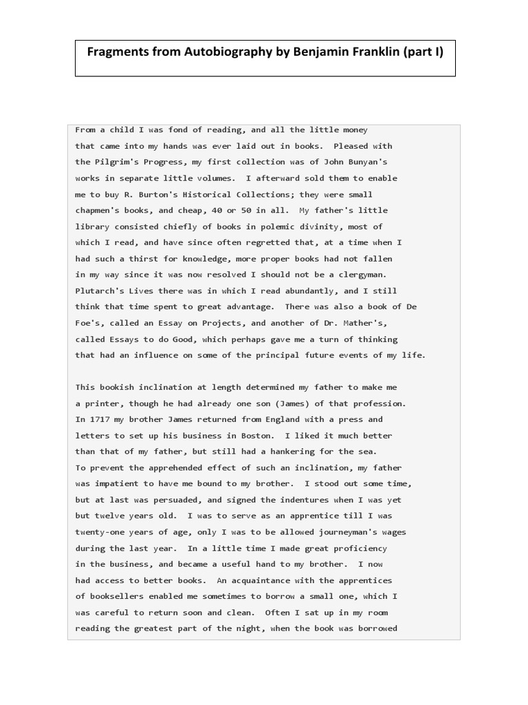 Benjamin Franklin Autobiography Part I | PDF Benjamin Franklin Autobiography Part I | PDF