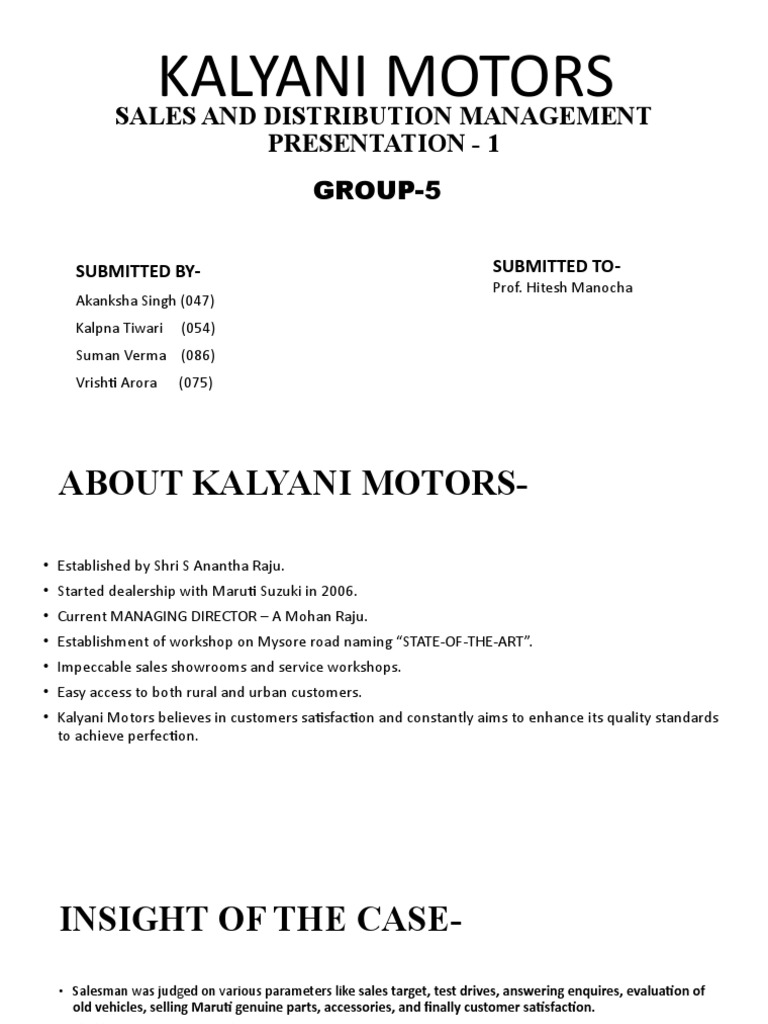 Kalyani Motors: Sales and Distribution Management Presentation - 1 ...