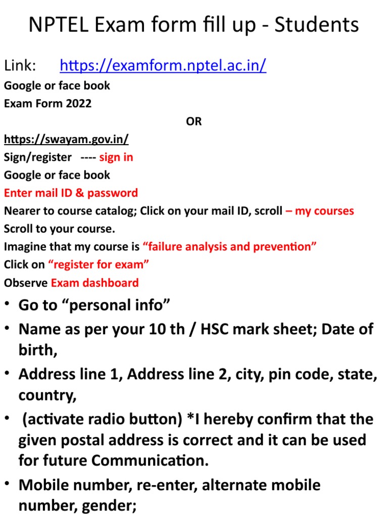 NPTEL Exam Form Fill Up - Students: Link | PDF | Test (Assessment)