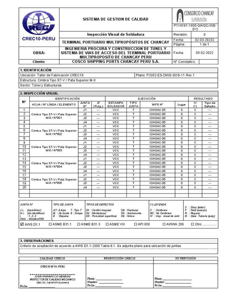 Formato Inspección Visual de Soldadura P114161-1600-QAQC-INS-015 | PDF