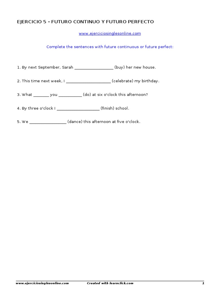 Ejercicios de Futuro Continuo y Perfecto | PDF