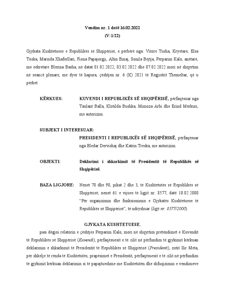 Vendimi I Gjykates Kushtetuese, Per Presidentin | PDF
