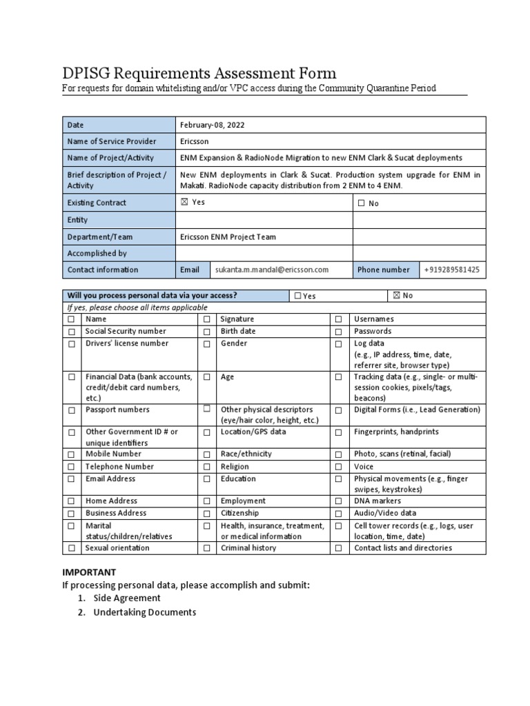 DPISG Requirements Assessment Form - Ericsson - PA1 | PDF | Fingerprint ...