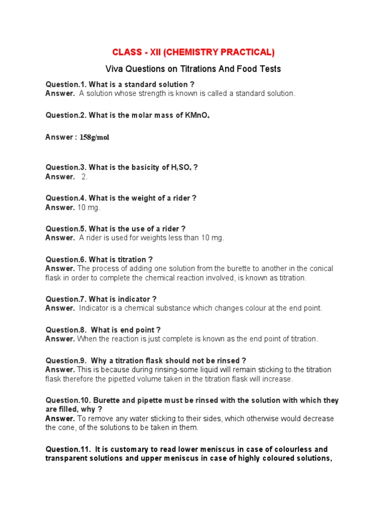 Viva Questions On Titrations and Food Tests | PDF | Chemistry | Titration