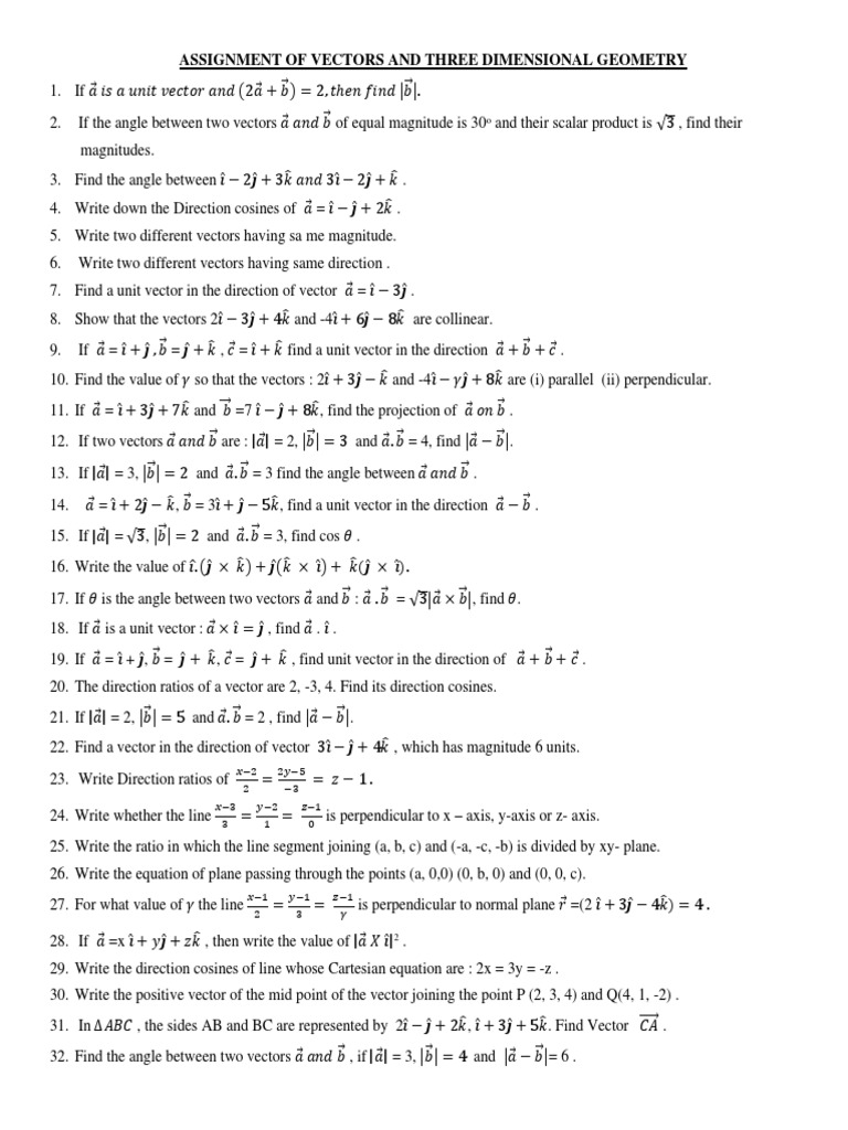 Assignment Of Vectors And Three Dimensional Geometry Download Free