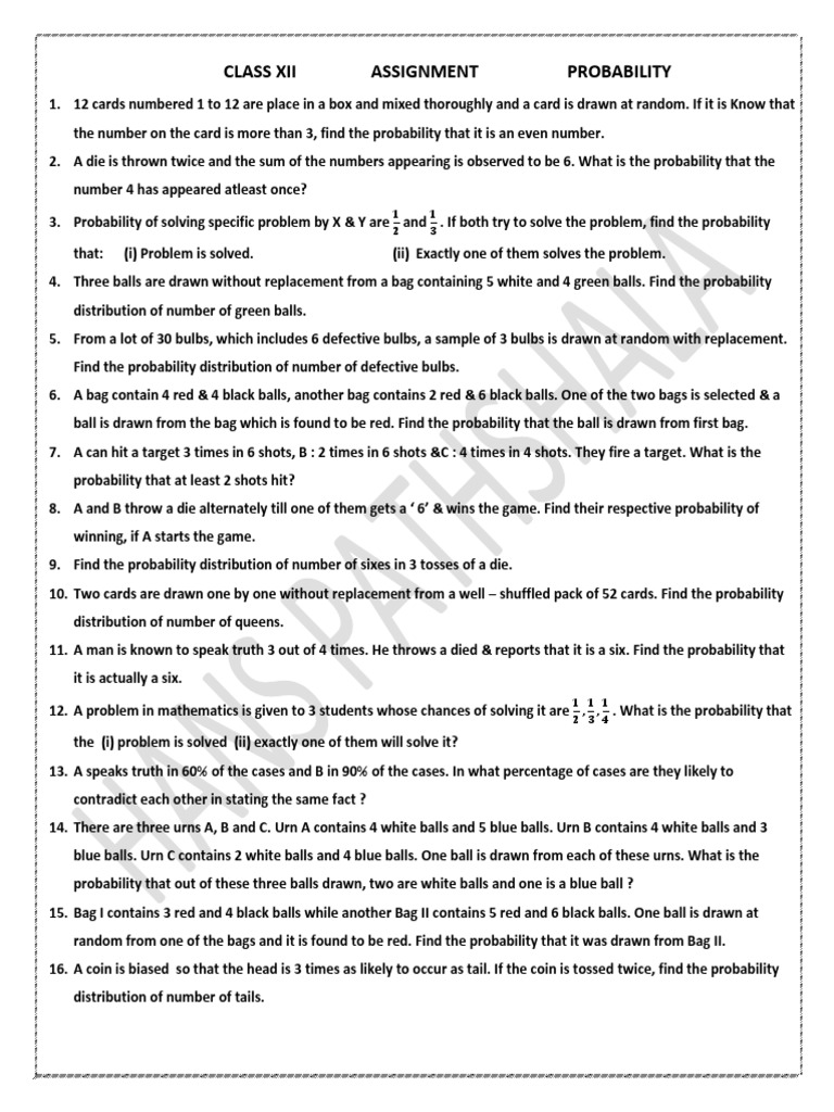 Class Xii Assignment Probability | PDF | Probability | Probability ...