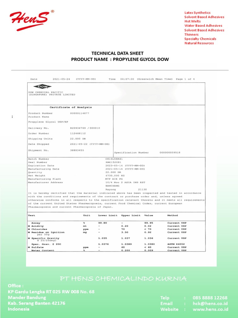 Propylene Glycol Technical Data Sheet | PDF | Chemical Compounds ...