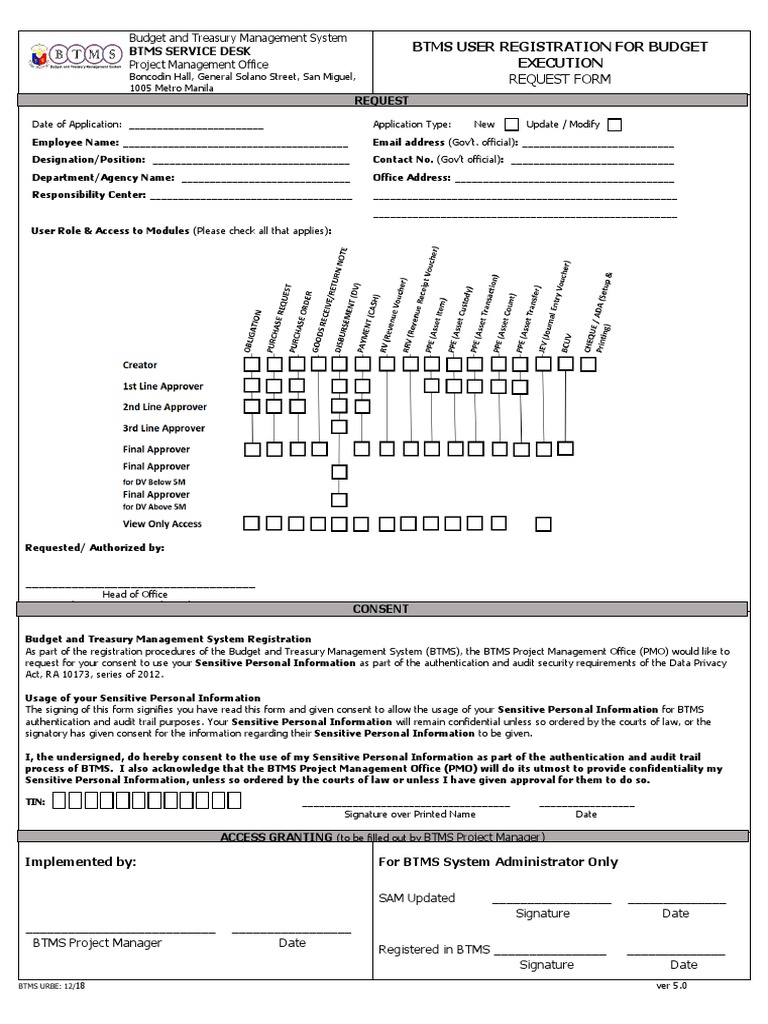 BTMS User Registration Request Form | PDF | Authentication ...