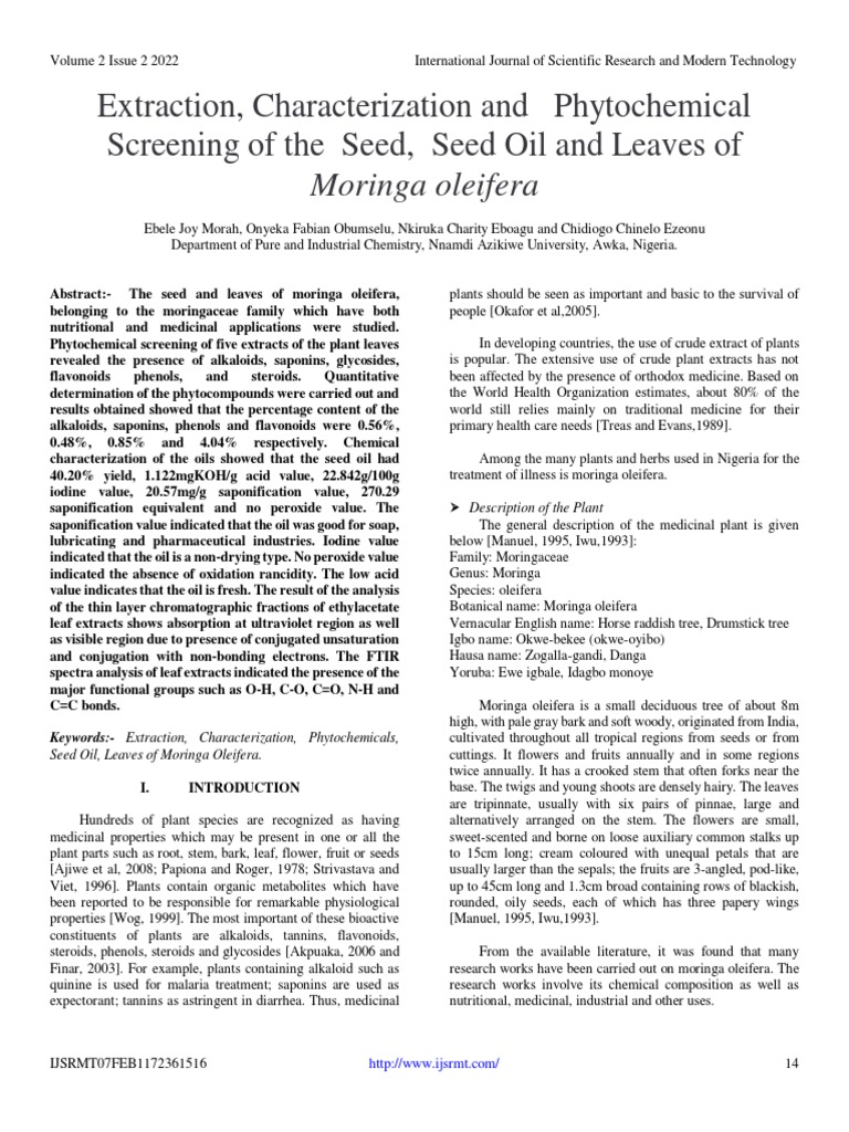 Extraction, Characterization and Phytochemical Screening of The Seed, Seed Oil and Leaves of ...
