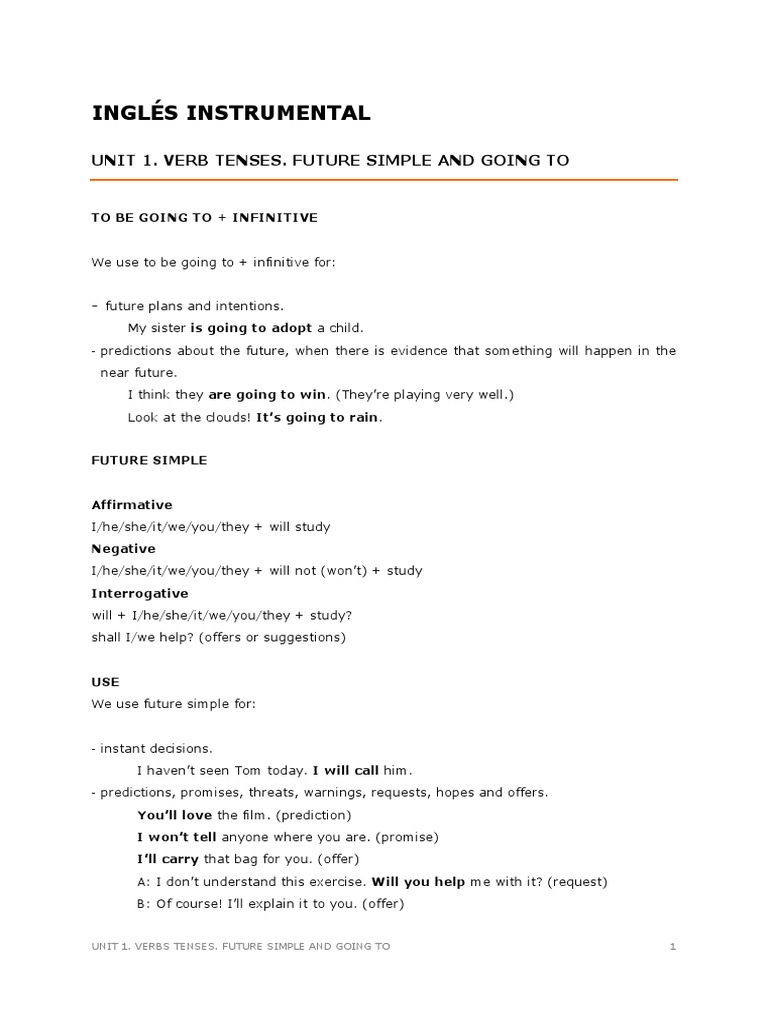 Inglés Instrumental: Unit 1. Verb Tenses. Future Simple and Going To ...
