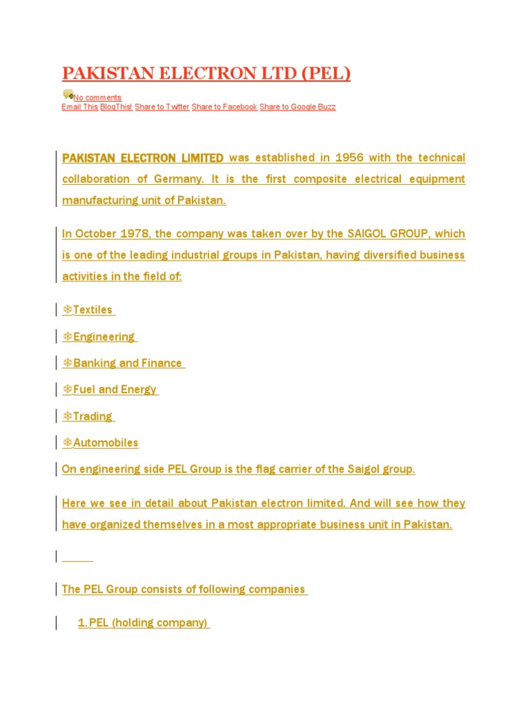 Overview of Pakistan Electron Ltd (PEL) | PDF | Iso 9000 | Inventory