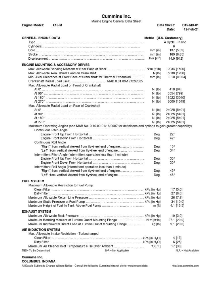 Cummins Inc.: Engine Model: X15-M Data Sheet: Date: General Engine Data ...