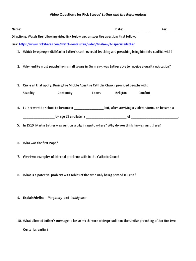 Video Questions For Rick Steves' Luther and The Reformation | PDF ...