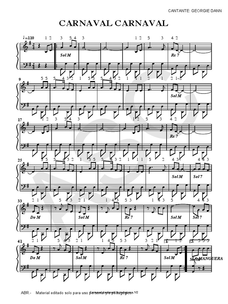 Carnaval Carnaval: A Musical Score and Lyrics by Georgie Dann | PDF