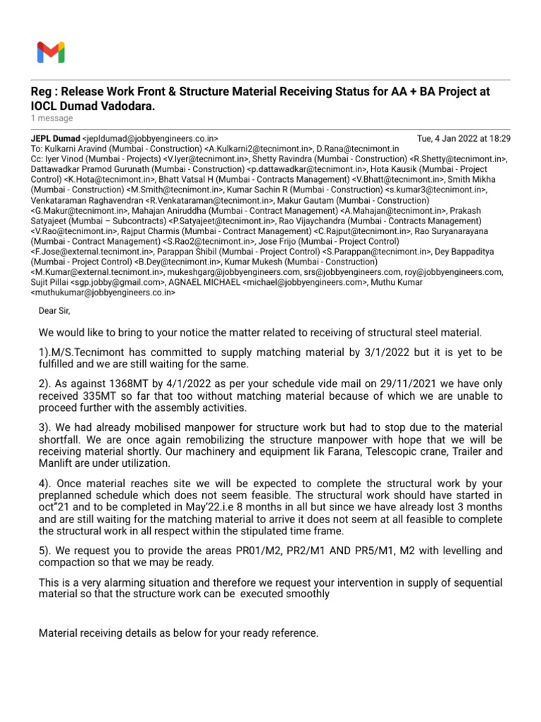 Release Work Front & Structure Material Receiving Status | PDF