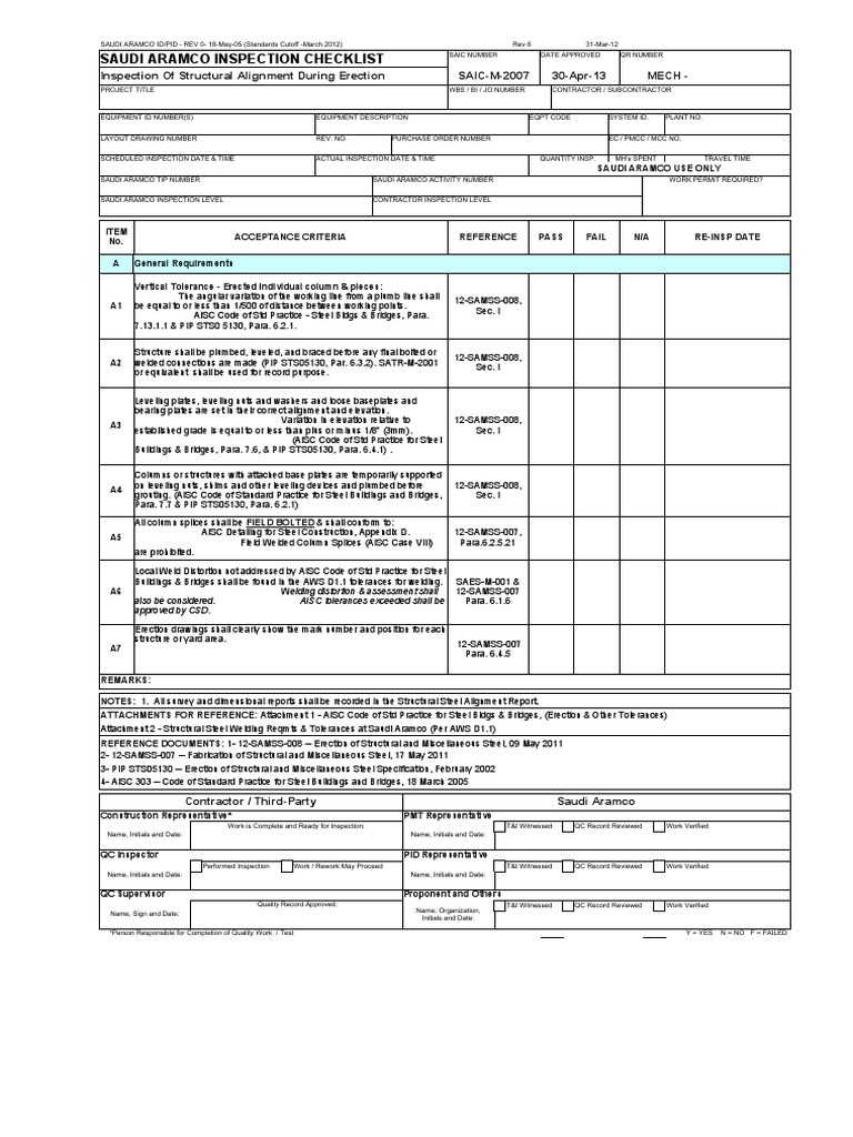 Saudi Aramco Inspection Checklist: Inspection of Structural Alignment ...