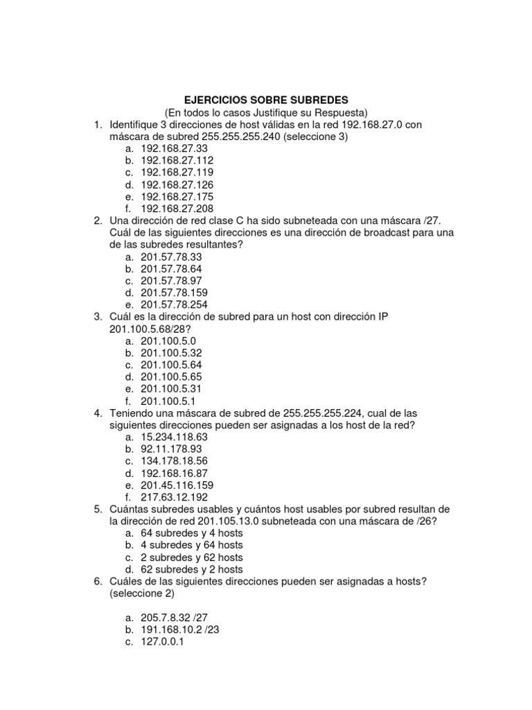 Ejercicios Subredes | PDF | Dirección IP | Estándares de internet