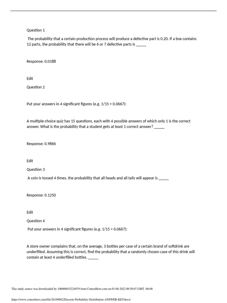 Discrete Probability Distribution ANSWER KEY | PDF | Probability ...