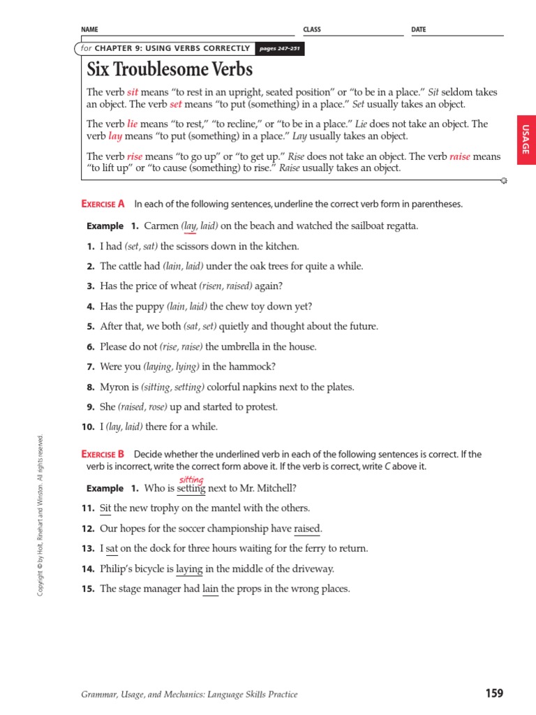 Six Troublesome Verbs: Sit Set Lie Lay Rise Raise | PDF | Linguistics ...