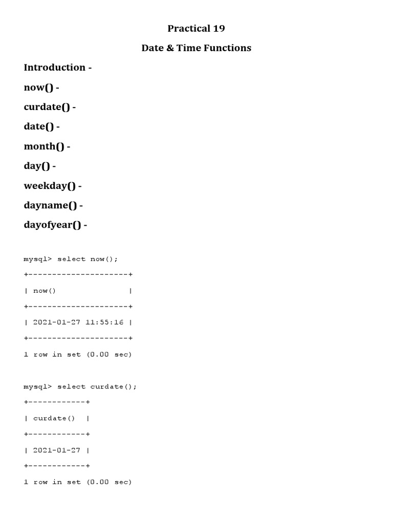 Practical 19 - MySQL - Date Time Functions | PDF