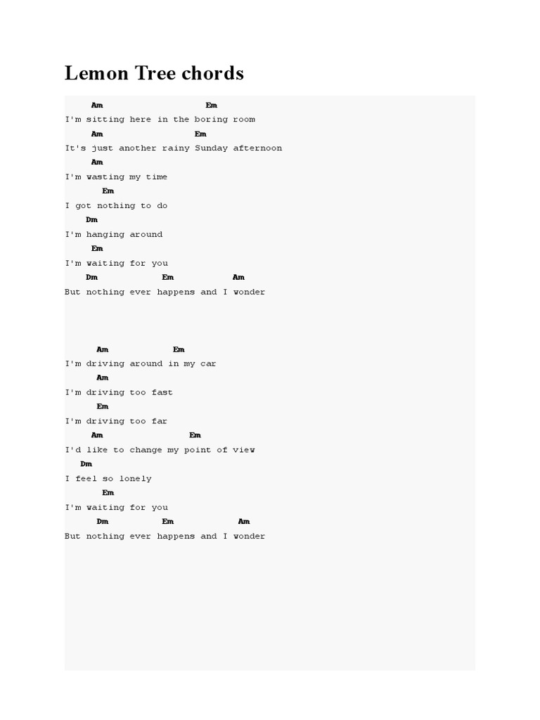 Lemon Tree Chords: Am em Am em Am em DM em DM em Am | PDF | Songs ...