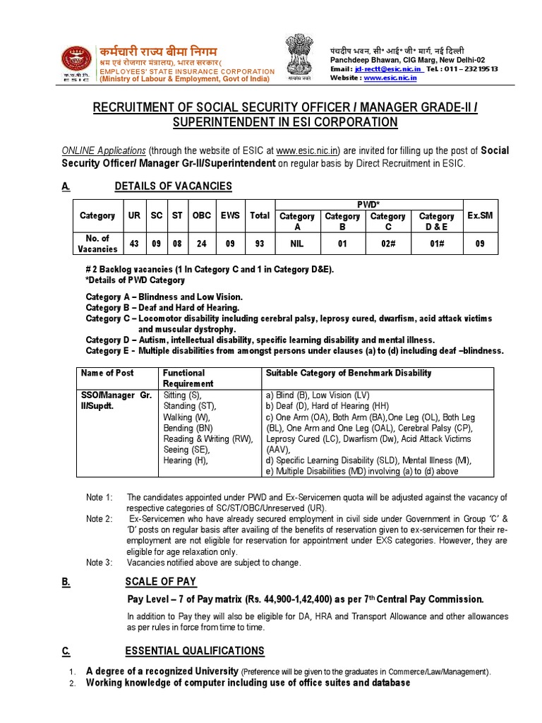 Recruitment of Social Security Officer / Manager Grade-Ii ...