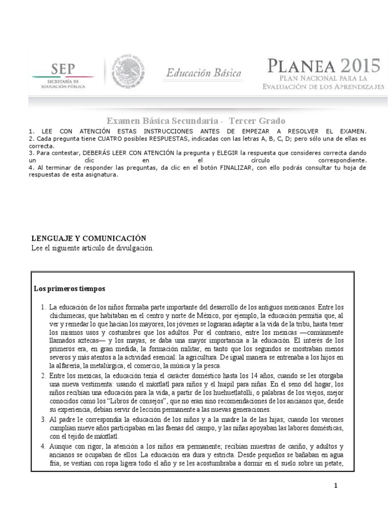 Examen Básica PLANEA Secundaria 2015 | PDF