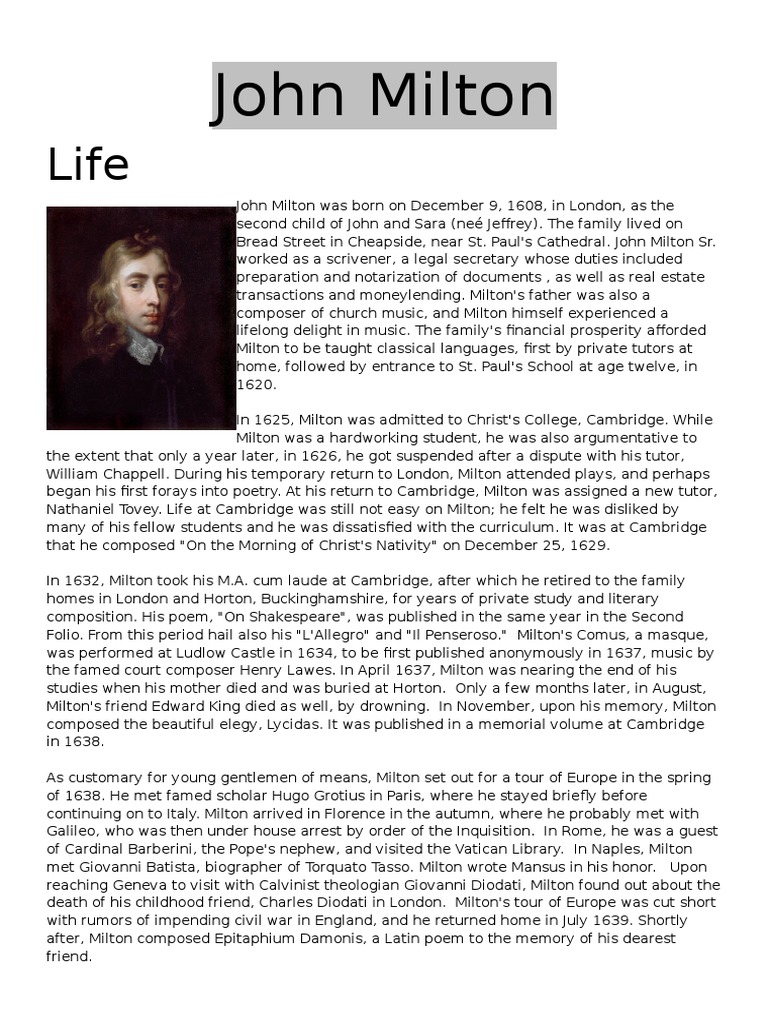 John Milton Life and Paradise Lost | PDF | John Milton | Adam And Eve