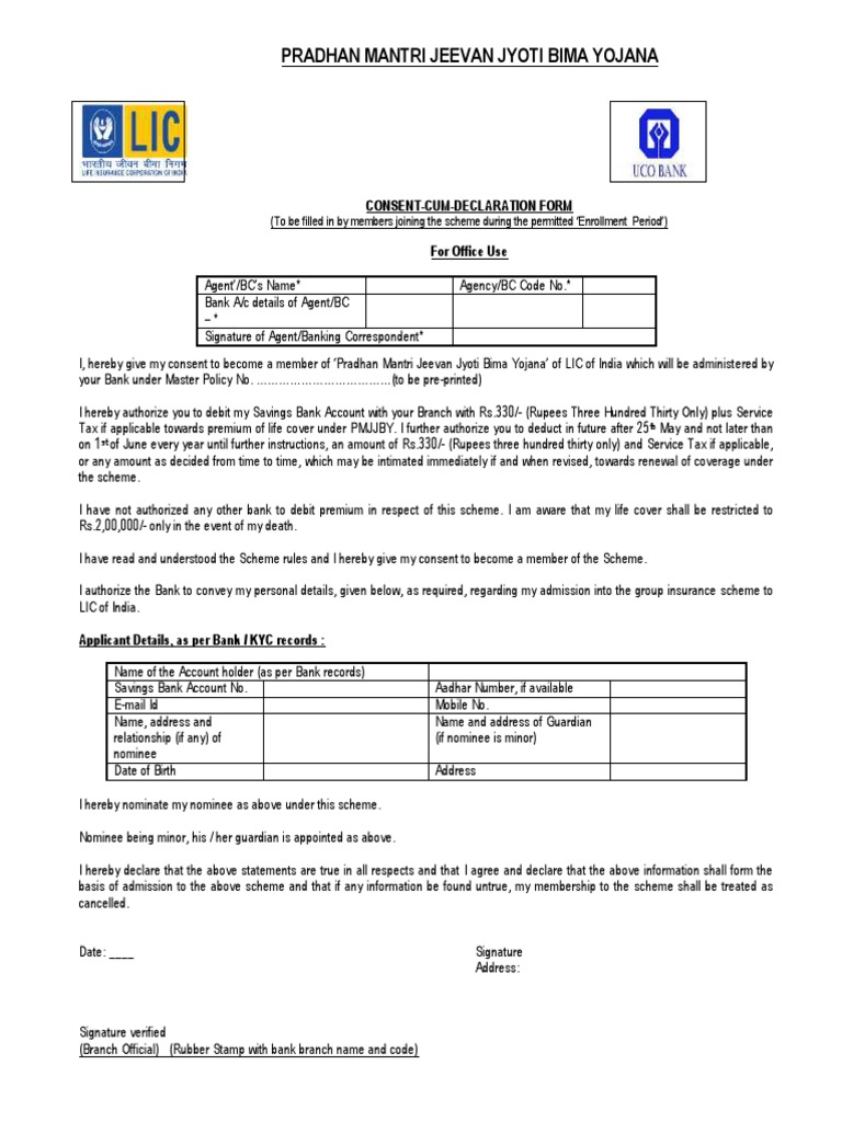Final PMJJBY Consent Form | PDF | Life Insurance | Insurance