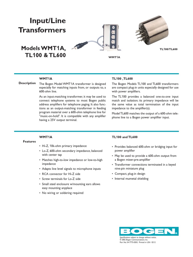 Input/Line Transformers: Models WMT1A, TL100 & TL600 | PDF | Amplifier ...