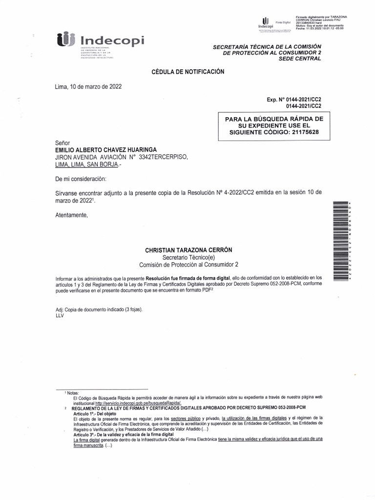 CÉDULA DE NOTIFICACIÓN (LLEGÓ 15 MAR 2022), Res. N.º 4 10 MAR 2022. Exp ... CÉDULA DE NOTIFICACIÓN (LLEGÓ 15 MAR 2022), Res. N.º 4 10 MAR 2022. Exp ...