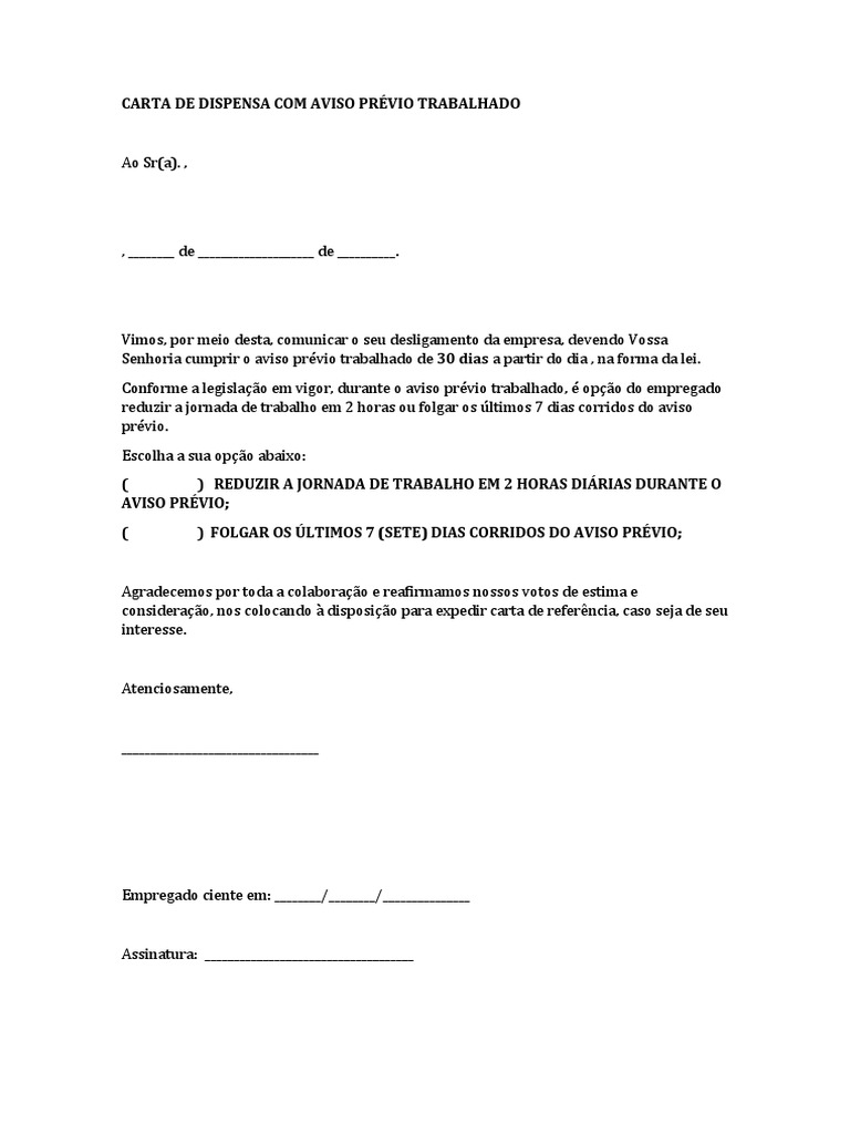 Carta De Aviso Prévio Trabalhado Pdf