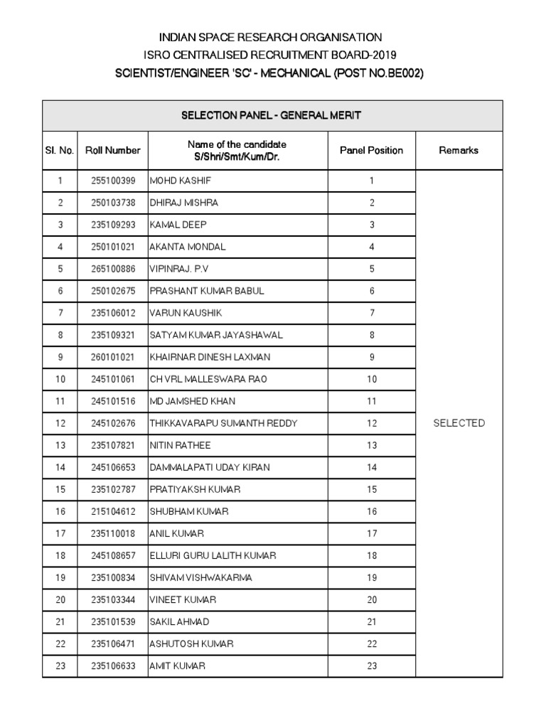 ISRO Scientist/Engineer SC Selection 2019 | PDF