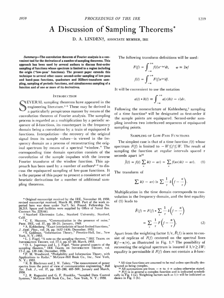 1 - 1959 - A Discussion of Sampling Theorems | PDF | Spectral Density | Convolution