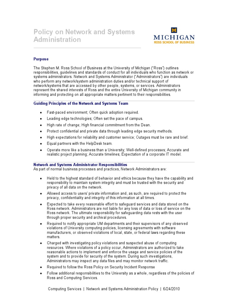 Policy On Network and Systems Administration: Purpose | PDF | Computer ...