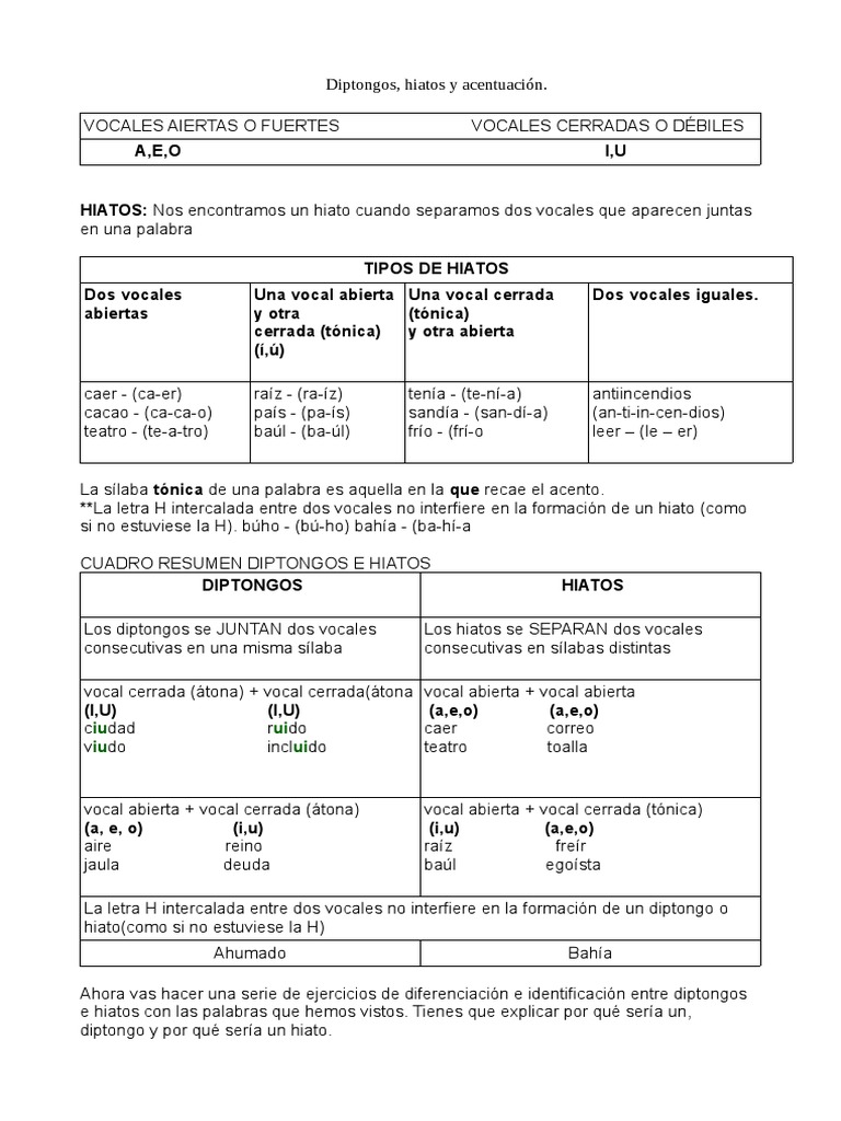 Ejercicios sobre Diptongos y Hiatos 6º Primaria | PDF | Fonética ...
