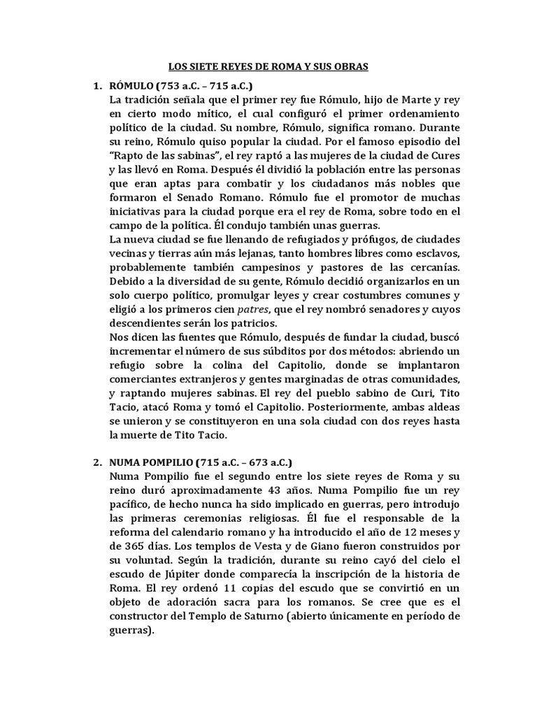 Los Siete Reyes de Roma y Sus Obras. | PDF | Roma antigua | Romulus y Remus