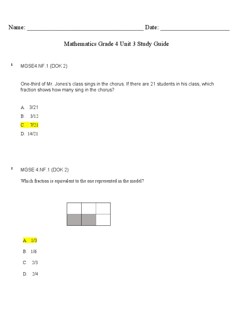 Grade 4 Math Study Guide: Fractions | PDF