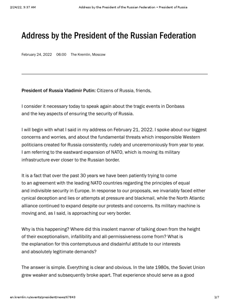 Putin's 2022 Address on NATO and Security | PDF