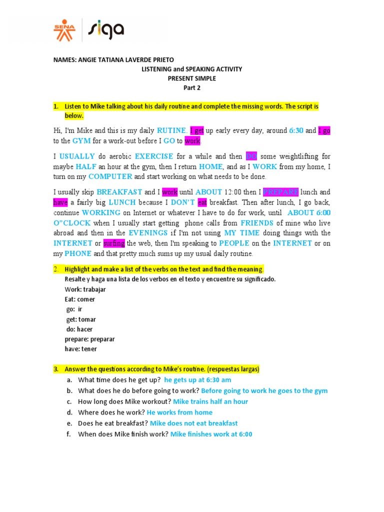 LISTENING and SPEAKING ACTIVITY - DAILY ROUTINE | PDF