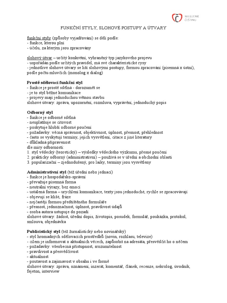Funkční Styly, Slohové Postupy A Útvary | PDF