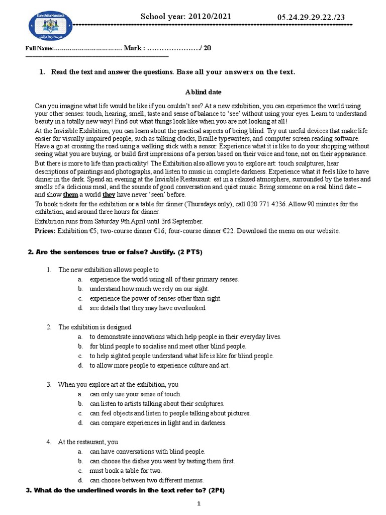 Test 2 English B | PDF | Menu | Visual Impairment