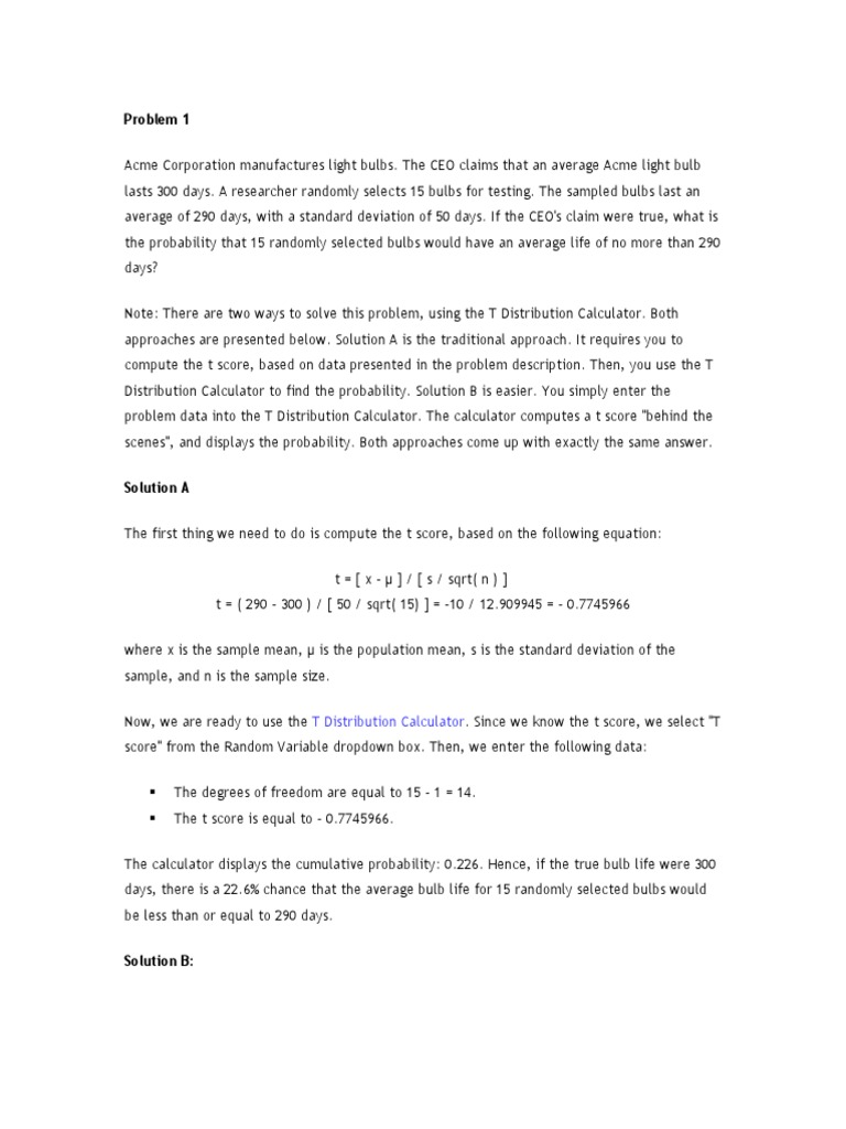 Problem 1: T Distribution Calculator | Download Free PDF | Confidence ...