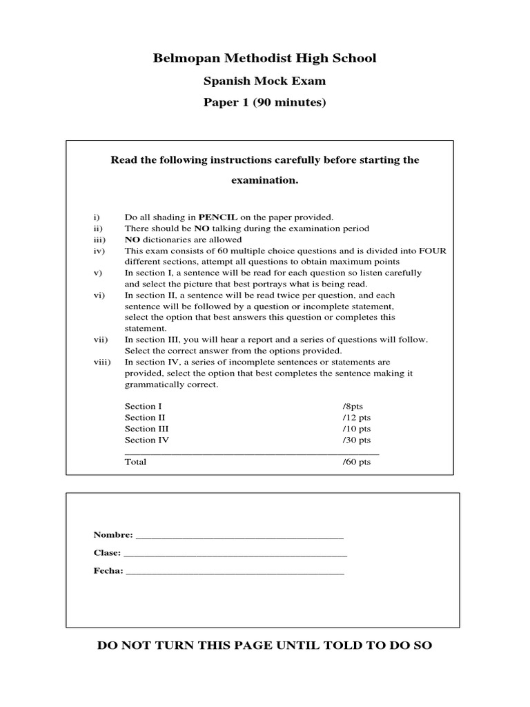 Spanish Paper 1 CXC Practice | PDF | Question