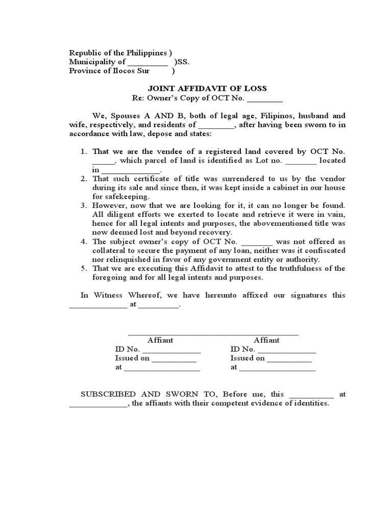 Affidavit of Loss For Reissuance of Title | PDF