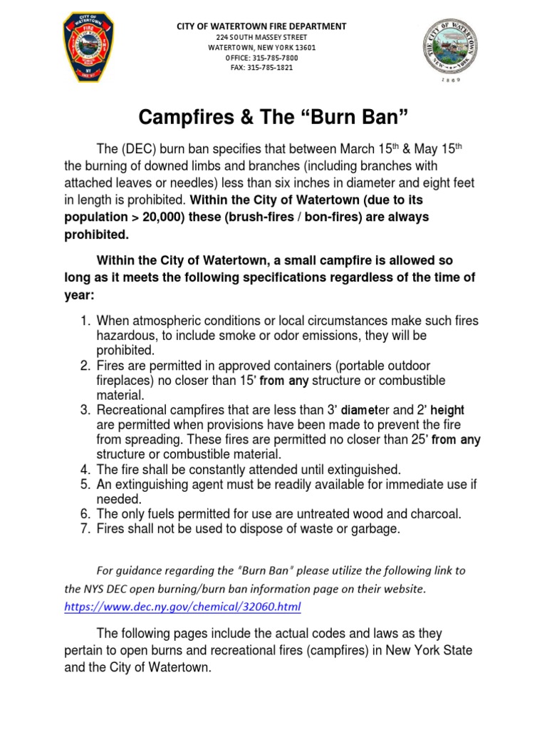 Watertown Fire Department Burn Ban Guidelines | PDF | Fires | Fire Safety