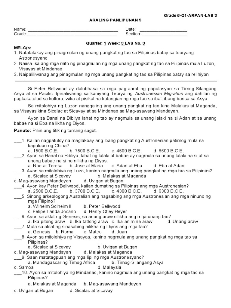 Grade 5 Q1 ARPAN LAS Week 3 | PDF